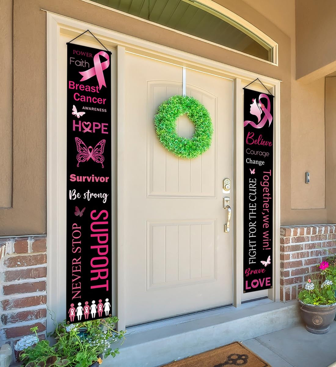 Breast Cancer Awareness Porch Sign-Hope Love Cure Party Supplies Pink Ribbon Door Banner Women October Breast Cancer Month Decorations for Home