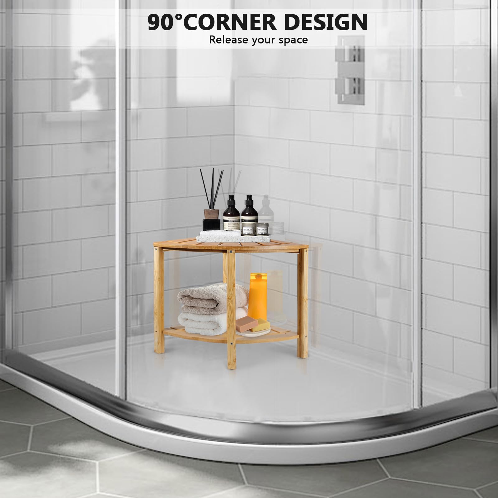 Shower Foot Rest, Bamboo Corner Shower Bench for Shaving Legs, Shower Stool with Storage Shelf for Inside Shower- Waterproof Bath Shower Seat for Bathroom