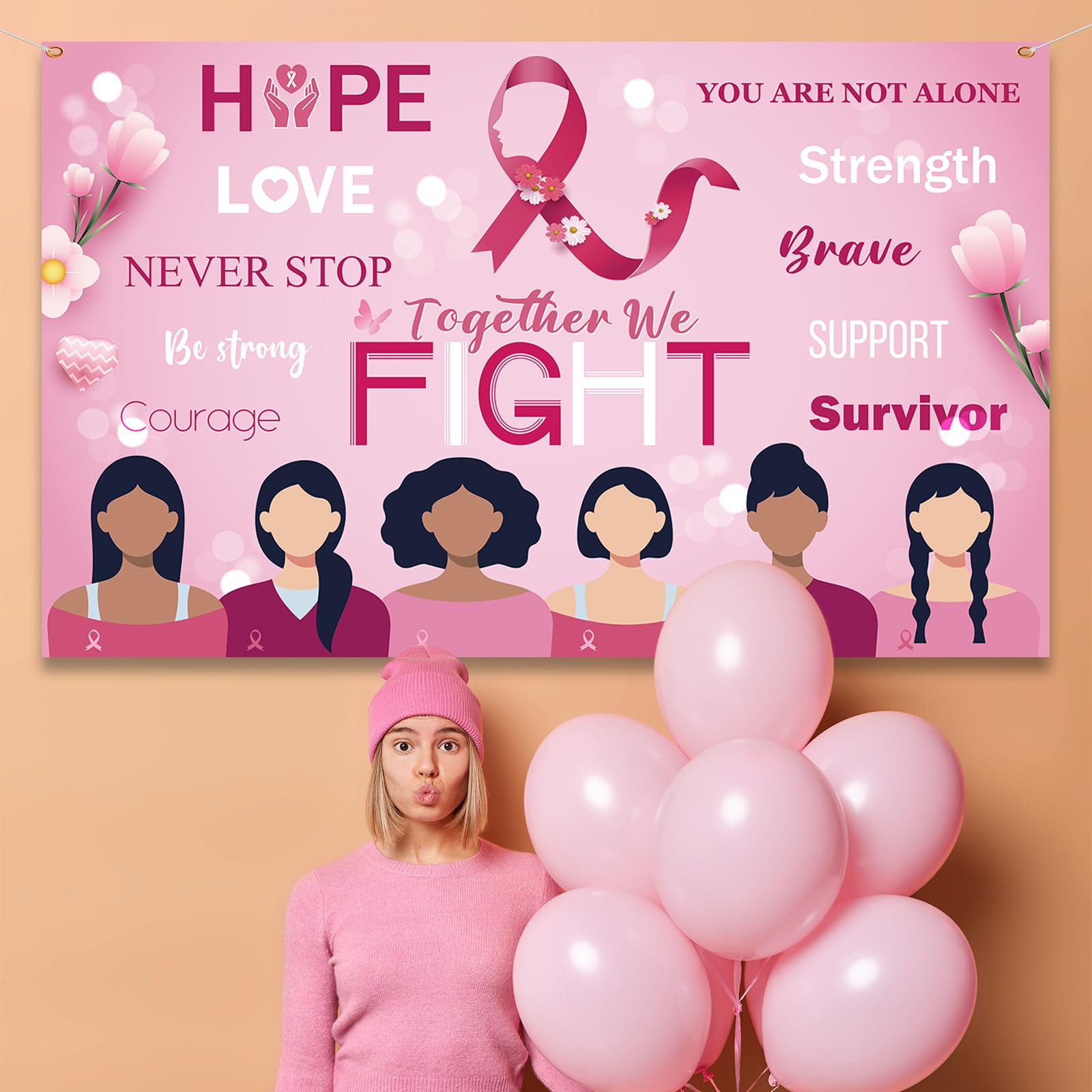 Breast Cancer Awareness Backdrop Decorations - Survivor Themed Party Decorations Pink Ribbon Strength Courage Hope Faith Banner Background for October Breast Cancer Awareness