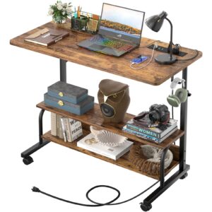 32" height adjustable standing desk with power outlets - manual rolling stand up desk with wheels small portable computer desk mobile laptop table with storage shelves for home office, rustic