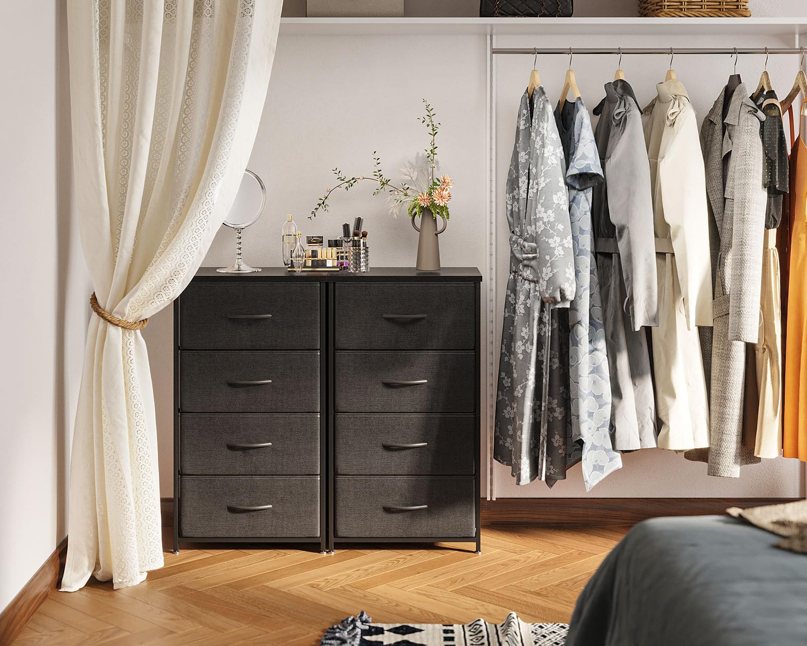 AODK Dresser for Bedroom with 4 Storage Drawers, Small Dresser Chest of Drawers Fabric Dresser with Sturdy Steel Frame, Black