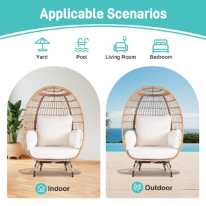 OTSUN Egg Chair Set of 2, Oversized Wicker Egg Basket Chair with 4 Cushions, 440lb Capacity, Outdoor Indoor Lounger for Living Room, Patio, Balcony, Backyard, Ivory