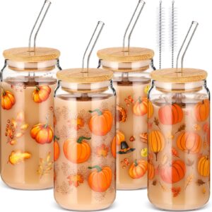 cunhill 4 pcs iced coffee cup with bamboo lid and straw 16oz christmas employee appreciation gift glasses cup daisy flower butterfly beer can cup gift for teacher women employee coworker(pumpkin)