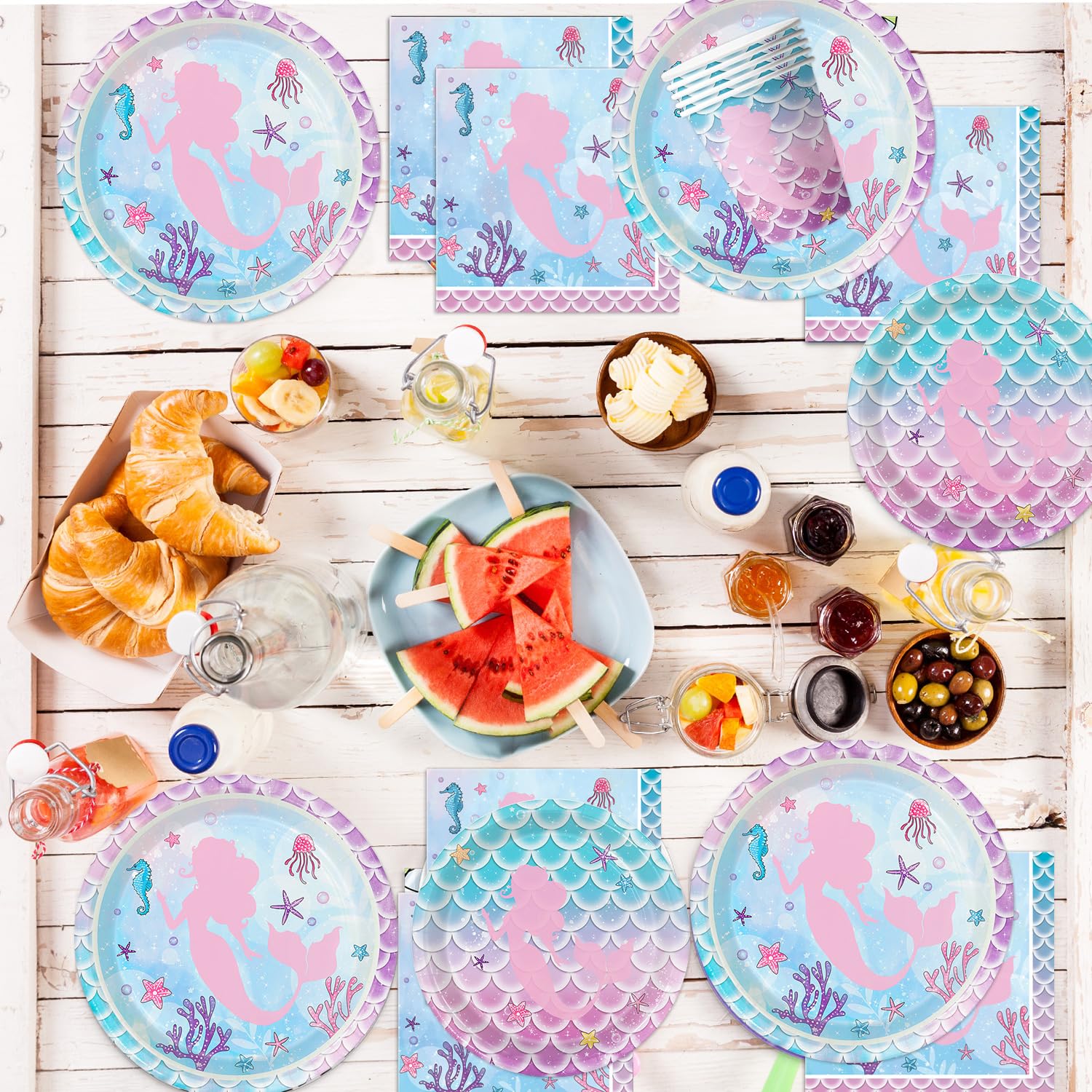 122Pcs Mermaid Birthday Party Supplies Mermaid Party Decorations Set Includes Plates, Napkins, Forks, Cups, Tablecloth, Banner for Girls Baby Shower Ocean Party Supplies, Serves 24