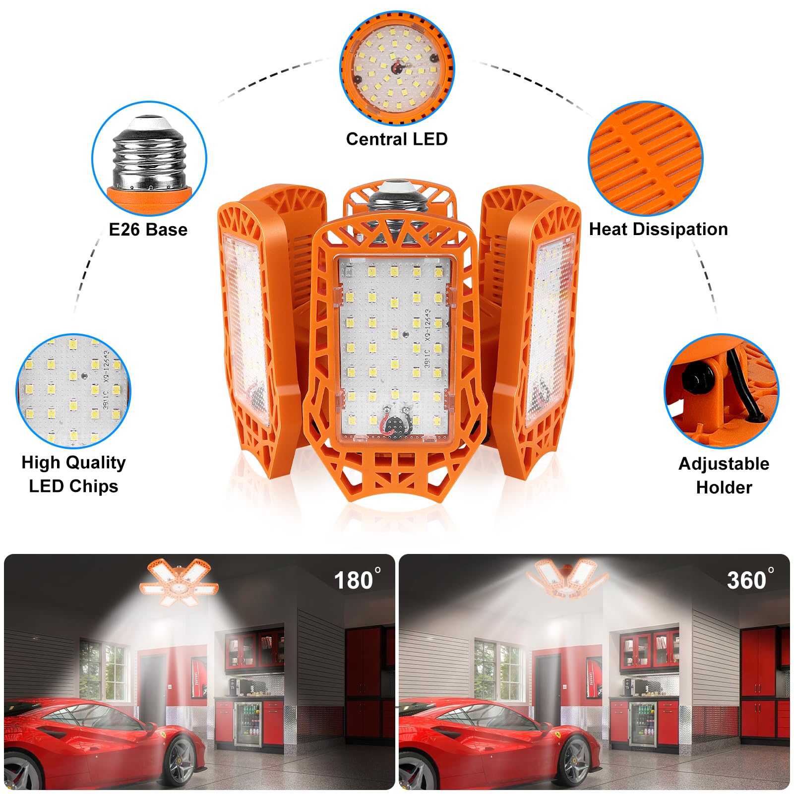 4 Pack LED Garage Light, Orange Led Garage Lights Halloween, 185W 18500LM LED Garage Ceiling Light, Super Bright Garage Lights Ceiling Led with 6+1 Deformable Panels, E26/E27 Bulb Socket Lighting