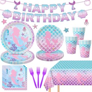 122pcs mermaid birthday party supplies mermaid party decorations set includes plates, napkins, forks, cups, tablecloth, banner for girls baby shower ocean party supplies, serves 24