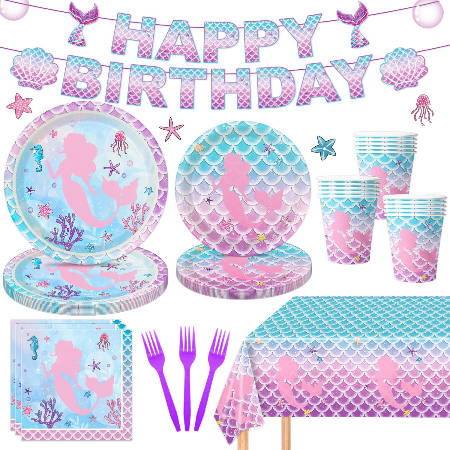 122Pcs Mermaid Birthday Party Supplies Mermaid Party Decorations Set Includes Plates, Napkins, Forks, Cups, Tablecloth, Banner for Girls Baby Shower Ocean Party Supplies, Serves 24