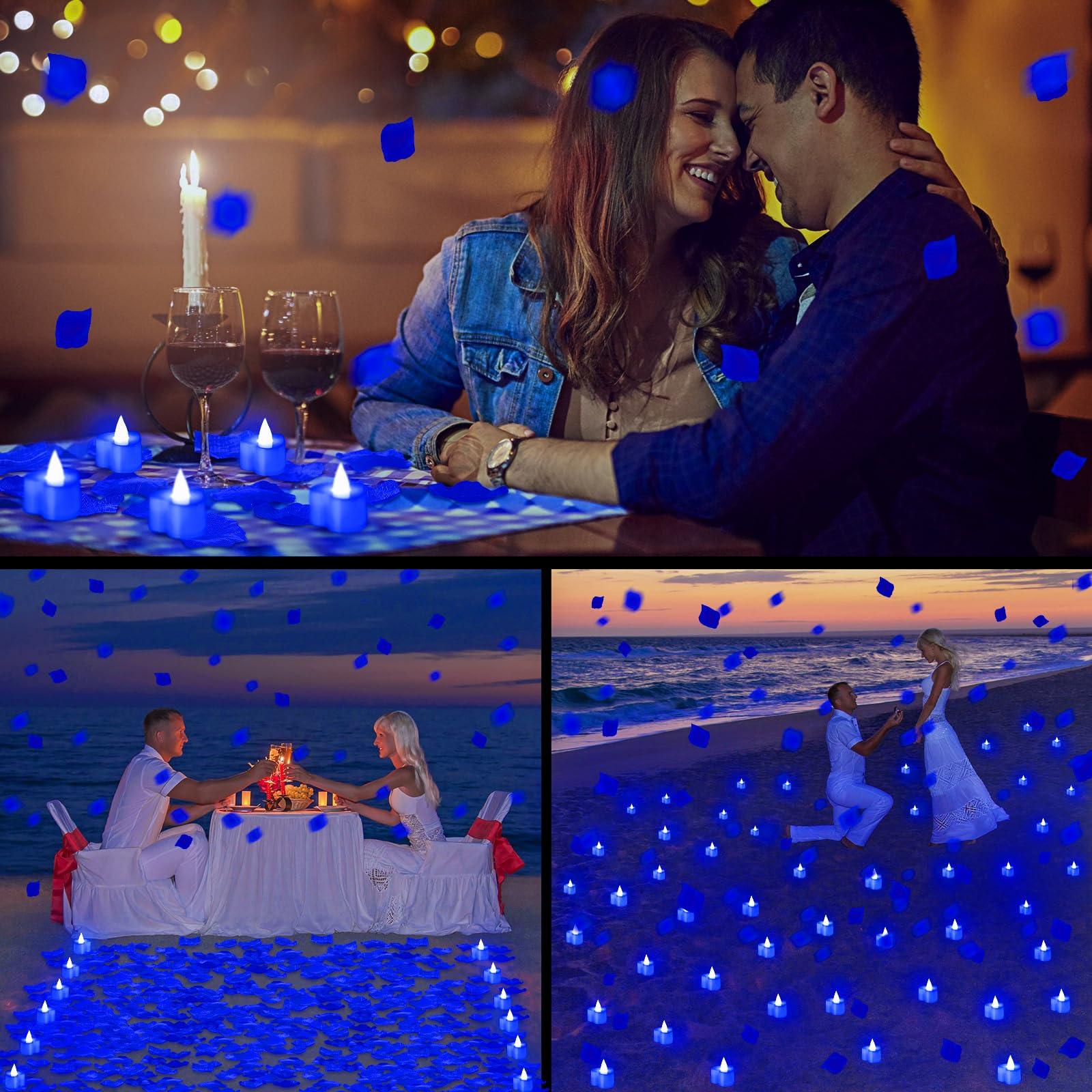 VIHOSE 4000 Pcs Artificial Rose Petals with 24 Pcs LED Tea Lights Candles Flameless LED Candles Fake Rose Petals for Proposal Wedding Birthday Party(Blue Light, Blue Petals)