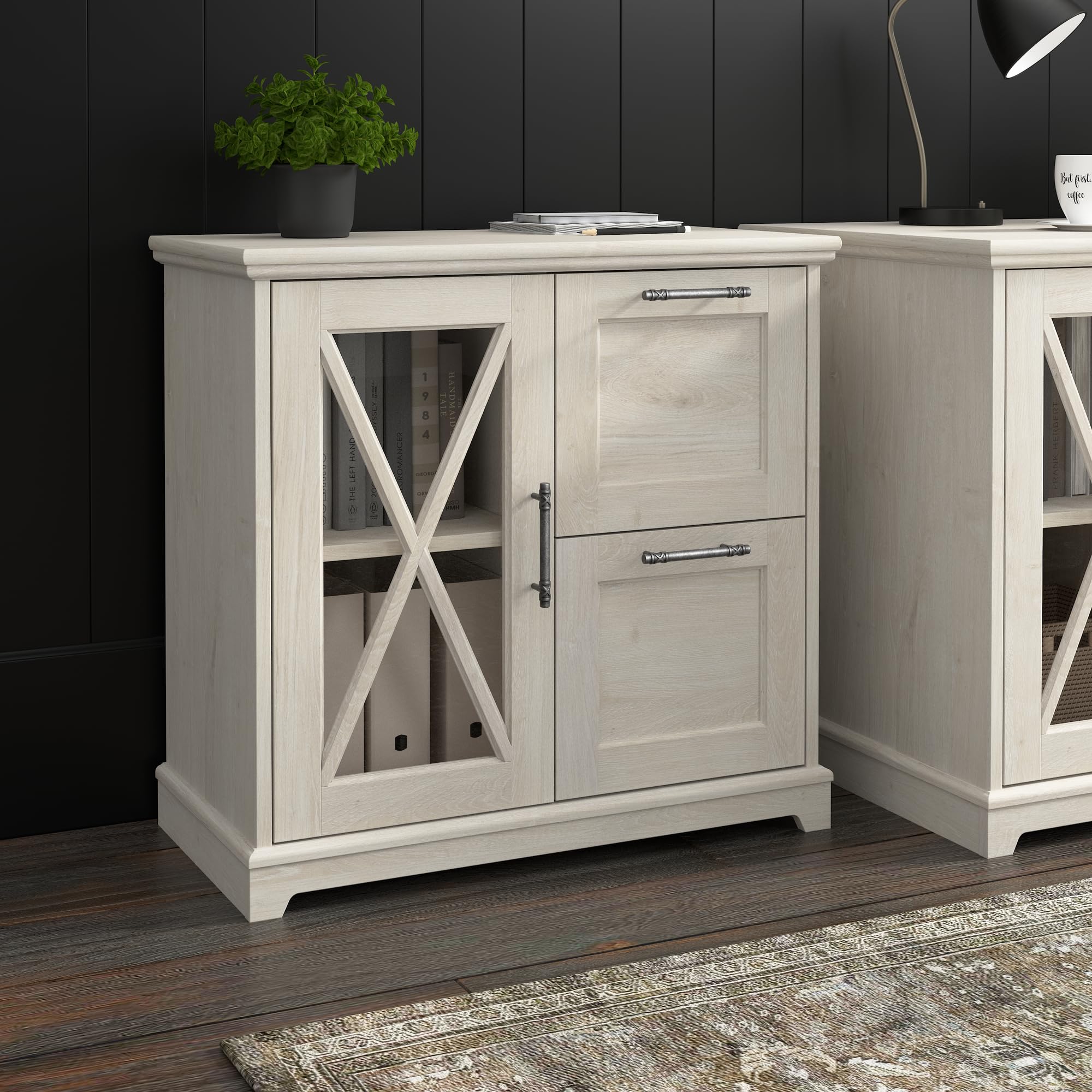 Bush Furniture Lennox Farmhouse 2 Drawer Lateral File Cabinet with Shelves in Linen White Oak | Versatile Storage for Home Office and Living Room