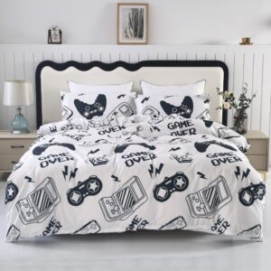 sdiii 3pcs white gamer duvet cover set twin, 1 duvet cover and 2 pillowcase, kawaii duvet cover for kids girls boys and teens, zipper and corner ties