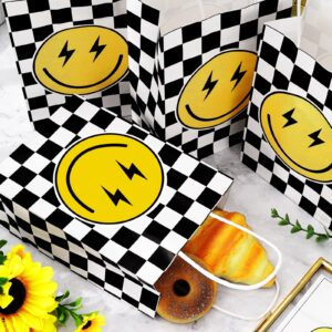 AnyDesign 16Pcs One Happy Dude Party Favor Bags Smile Face Paper Gift Bags with Handles Bulk Checkered Grocery Treat Bags Candy Goodies Bags for Baby Shower First Birthday Party Decor Supplies