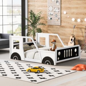 MERITLINE Kids Floor Bed Full Car-Shaped Platform Bed with Wheels, Wooden Full Bed Frames with Doors and Windows, Full Car Bed with Slat Support for Kids Boys Girls, White