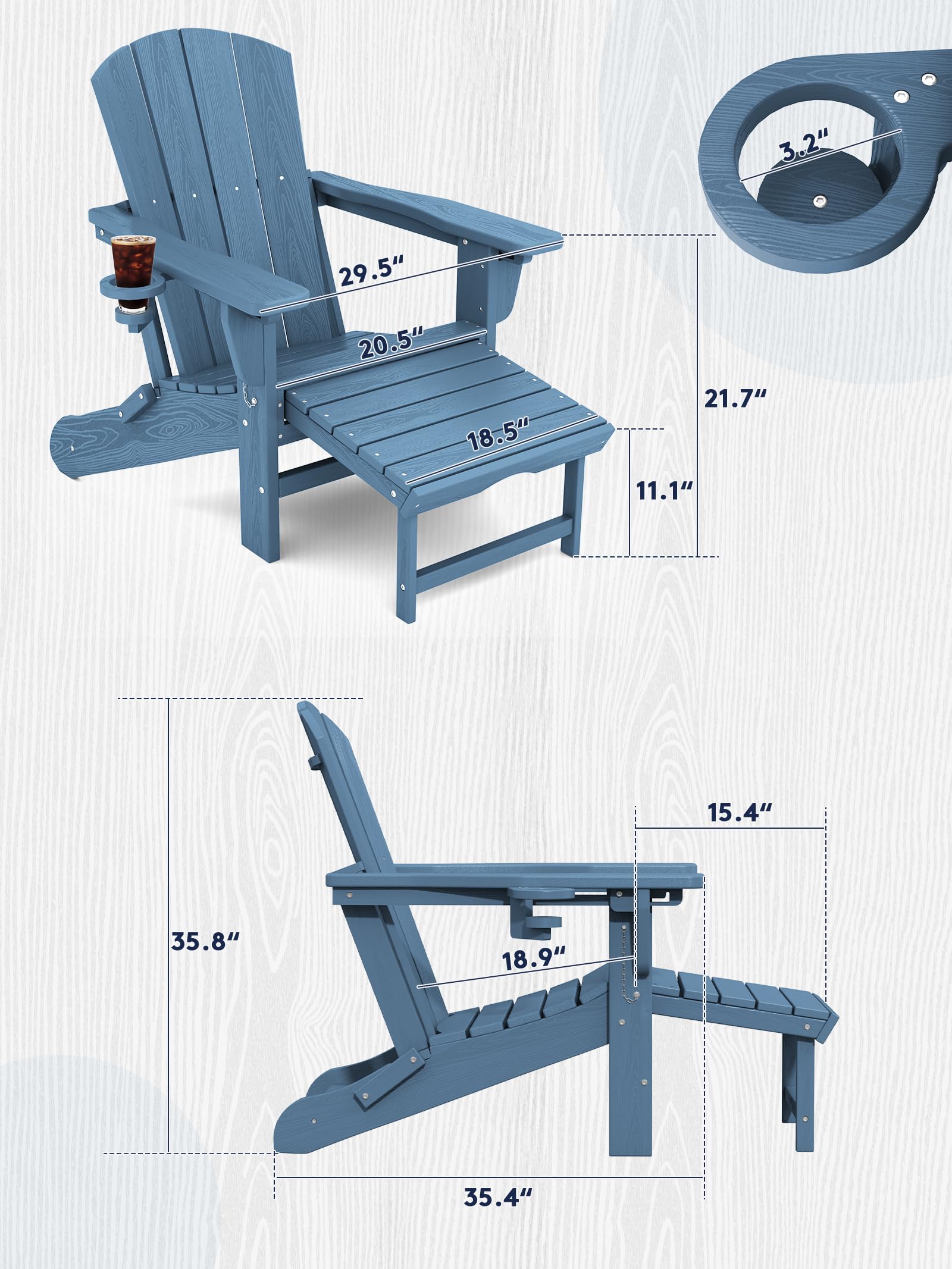 KINGYES Chair with Cup Holder, Wood-Like Reclining Versatile Adirondack Chair, Blue