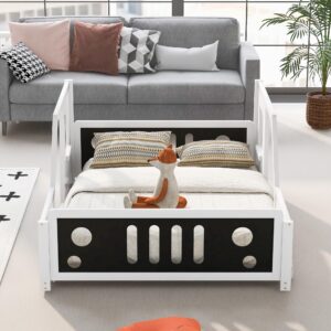 MERITLINE Kids Floor Bed Full Car-Shaped Platform Bed with Wheels, Wooden Full Bed Frames with Doors and Windows, Full Car Bed with Slat Support for Kids Boys Girls, White