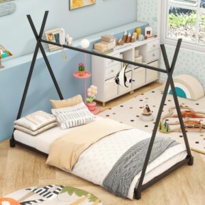 twin montessori floor bed, metal house bed for kids tent bed frame floor with slat for girls boys, triangle structure, no box spring needed - black