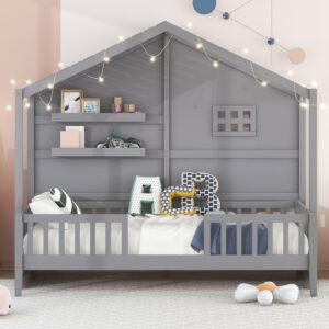 SOFTSEA Twin Size Low House Loft Bed with Shelves, Low Wood Bed Frame with Window and Sparkling Light Stripe on The Roof, House Shaped Low Loft Bed for Kids