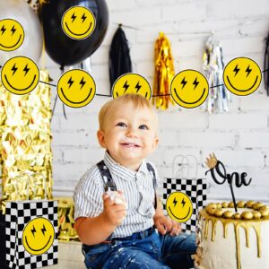 AnyDesign 16Pcs One Happy Dude Party Favor Bags Smile Face Paper Gift Bags with Handles Bulk Checkered Grocery Treat Bags Candy Goodies Bags for Baby Shower First Birthday Party Decor Supplies