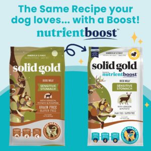 Solid Gold Dry Dog Food for Adult & Senior Dogs - Made w/Real Venison, Potato, & Pumpkin - Nutrientboost Buck Wild Sensitive Stomach Dog Food for Protein Sensitivities & Gut Health - 22 LB