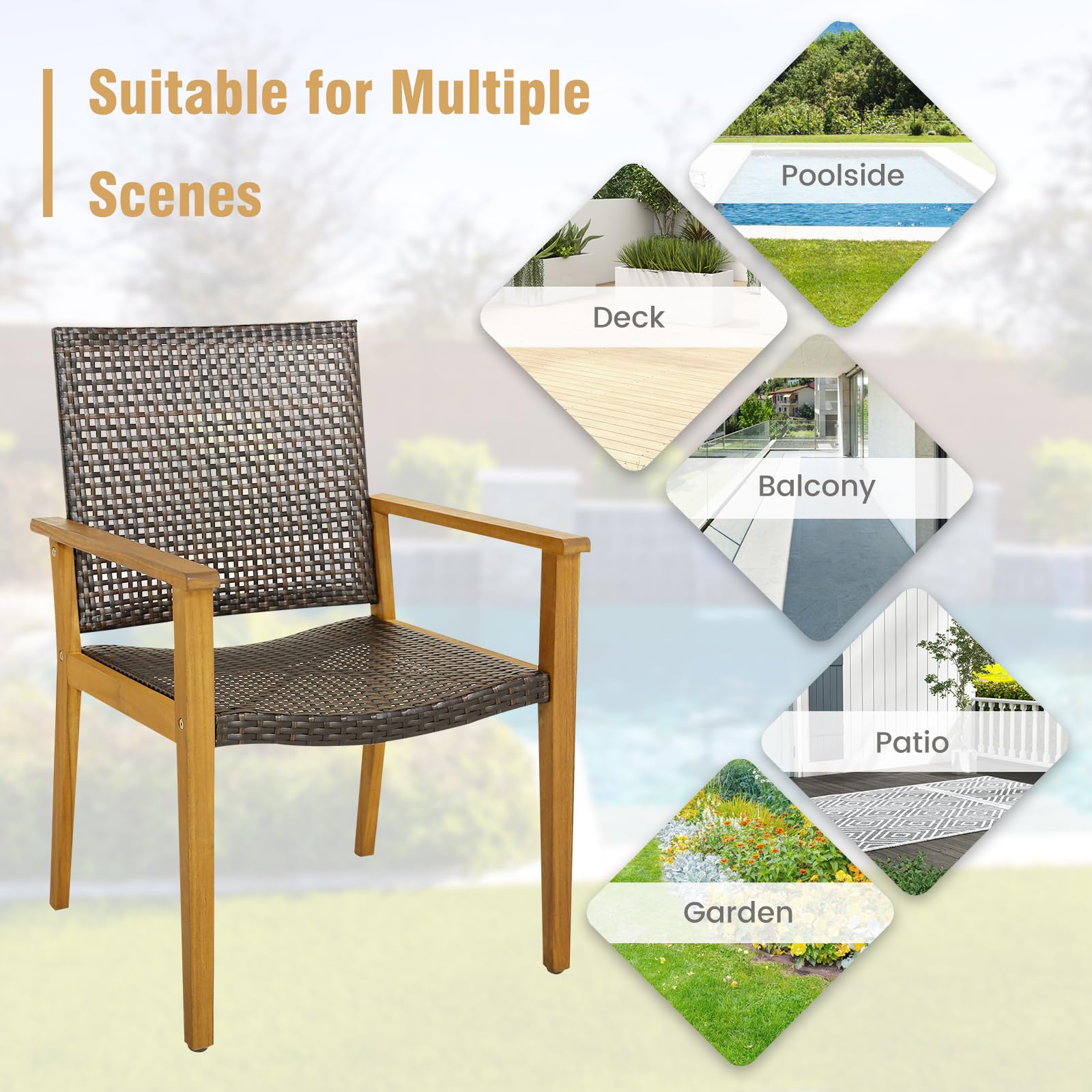 Tangkula Patio Dining Chairs Set of 4, Outdoor Acacia Wood & PE Wicker Chairs with Armrests, Outdoor Rattan Armchairs for Garden, Backyard, Poolside, Balcony (Mix Brown)