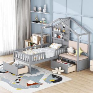 twin house bed for kids, house platform bed with upholstered sofa, charging station, wireless charging, storage shelves and two drawers, light strip included, gray