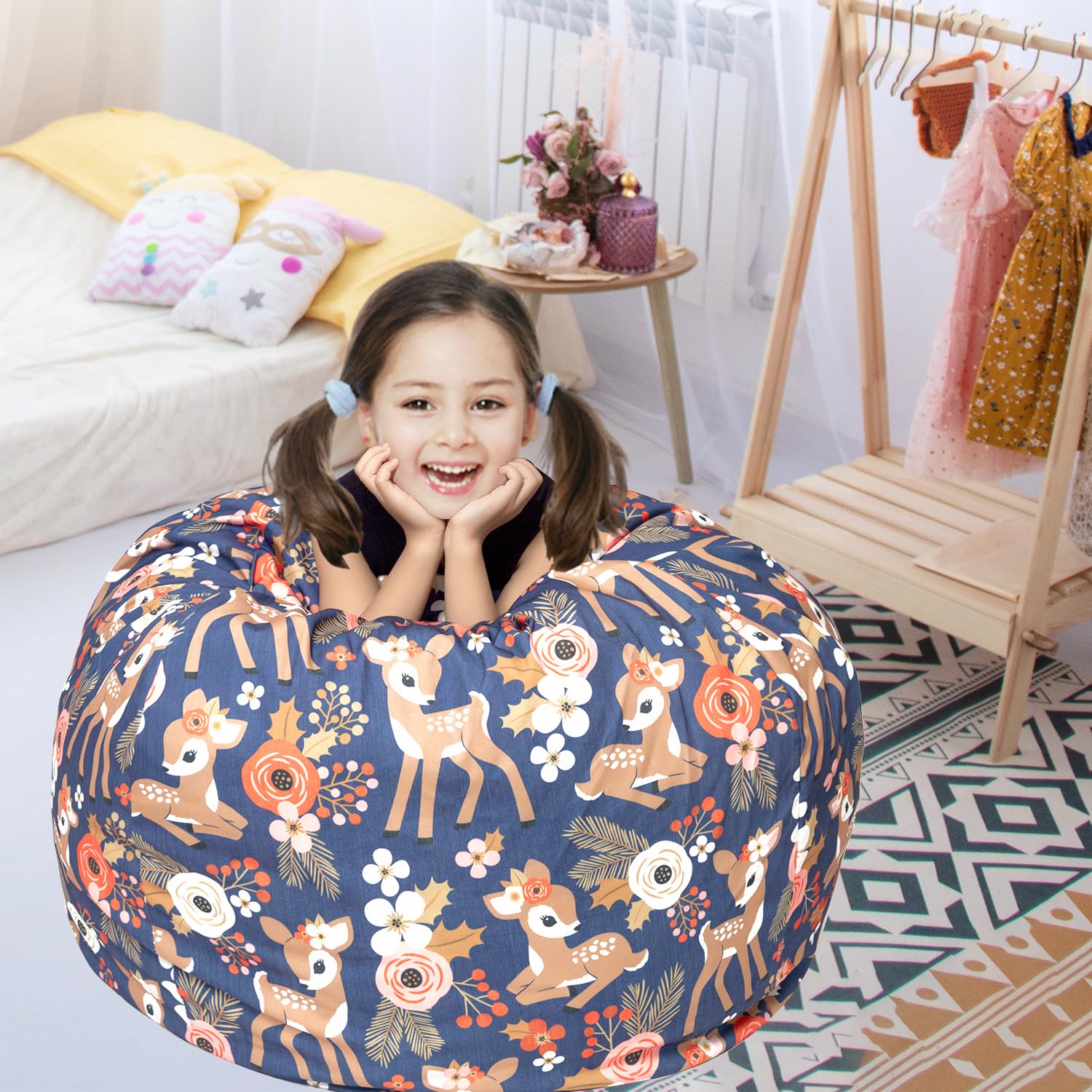 LOLOMLO Stuffed Animal Storage Bean Bag Chair Cover, Hold Kids Plush Toys Blankets Towels Beanbag (Cover Only), Canvas Floor Circle Stuff Sit Seat Sofa with YKK Zipper, Extra Large 38", Fawn