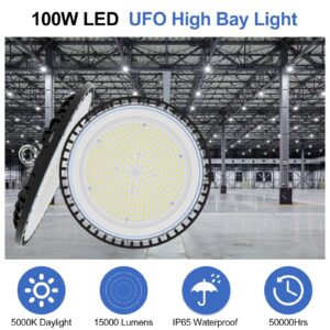 Sumkea 4 Pack 200W UFO LED High Bay Light, High Bay LED Shop Light Fixture 3000-6500K, 28,000lm, with 5' Cable US Plug, Safe Rope, Commercial Bay Lighting for Barn Factory Warehouse Church - Black