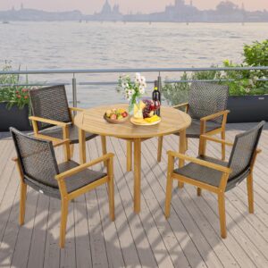 HAPPYGRILL Patio Dining Chair Set of 4, Outdoor Rattan PE Wicker Dining Chairs with Sturdy Acacia Wood Frame, Ergonomic Curved Seat, Outside Rattan Armchairs for Balcony Porch Poolside