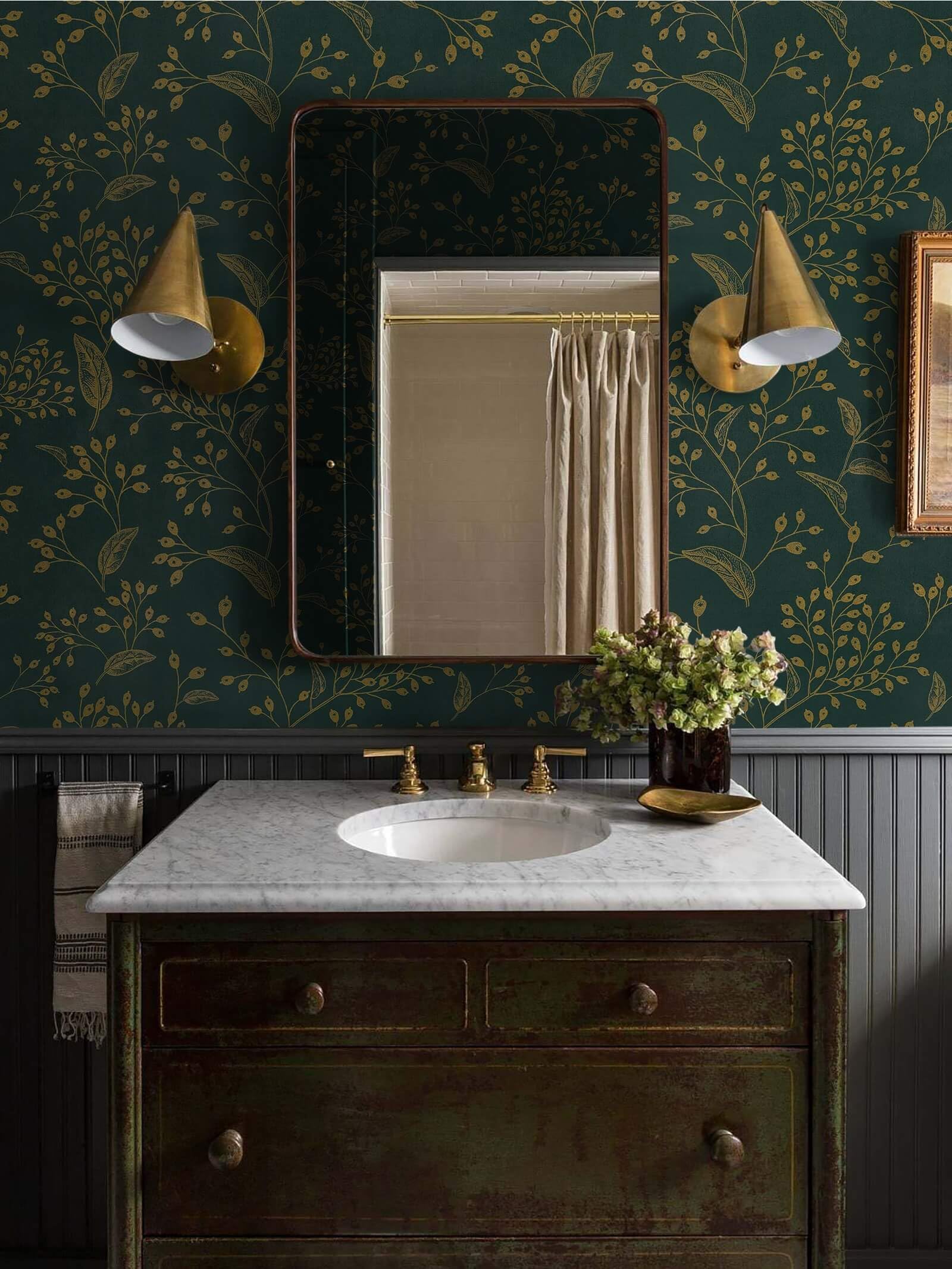 Heroad Peel and Stick Wallpaper Dark Green Contact Paper Gold Floral Wall Paper Modern Boho Removable Contact Paper for Cabinets Drawers Bedroom Self Adhesive Vinyl Papel Tapiz Para Pared 118" x 17.3"