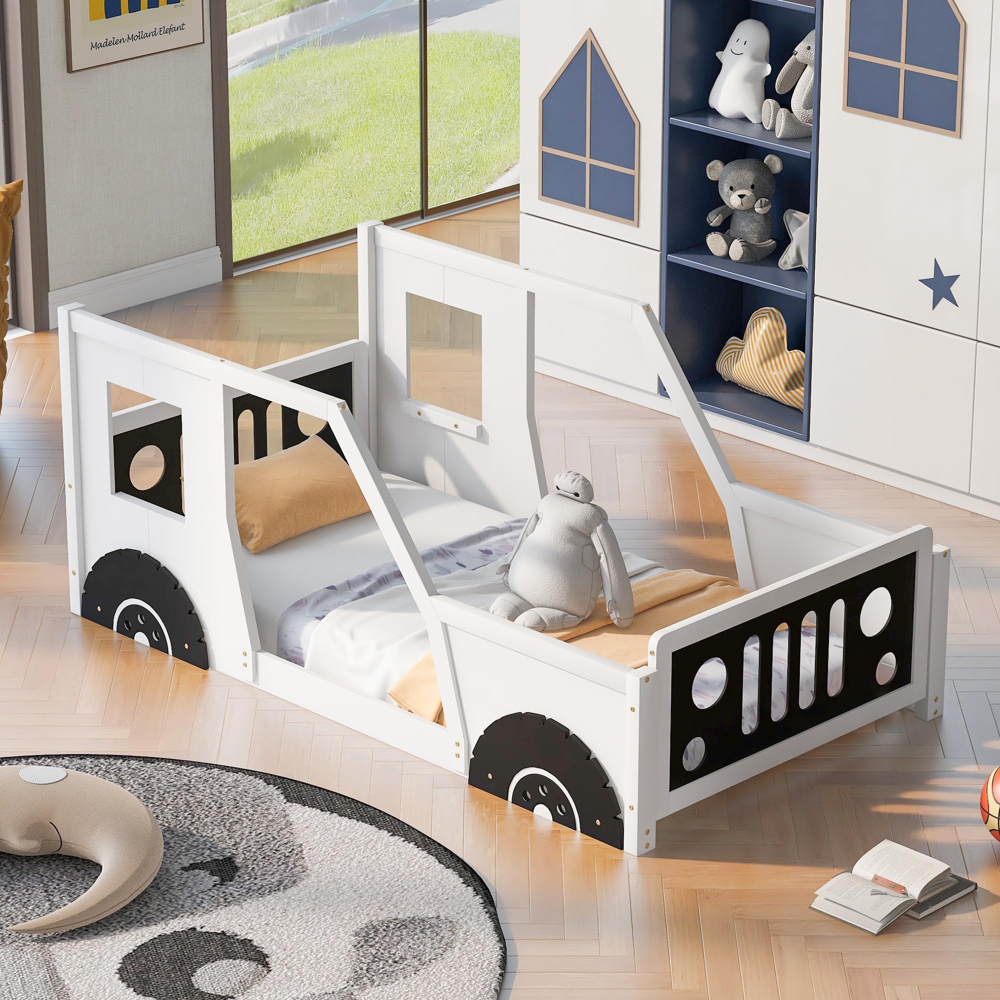 Merax Twin Size Classic Car-Shaped Platform Bed with Wheels, Wood Car Bed Frame for Boys, White