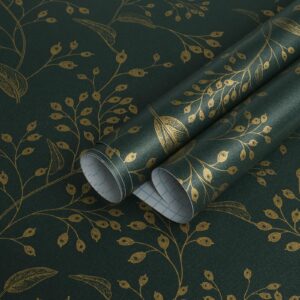 heroad peel and stick wallpaper dark green contact paper gold floral wall paper modern boho removable contact paper for cabinets drawers bedroom self adhesive vinyl papel tapiz para pared 118" x 17.3"