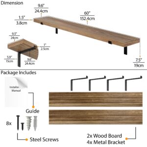 Wallniture Menton 60 inch Long x 9.25 inch deep Floating Shelves for Wall Storage Bookshelf, Shelf Heavy Duty Brackets, 1.5" Thick Living Room Wall Shelf, Wood Wall Shelves, Burnt Set of 2