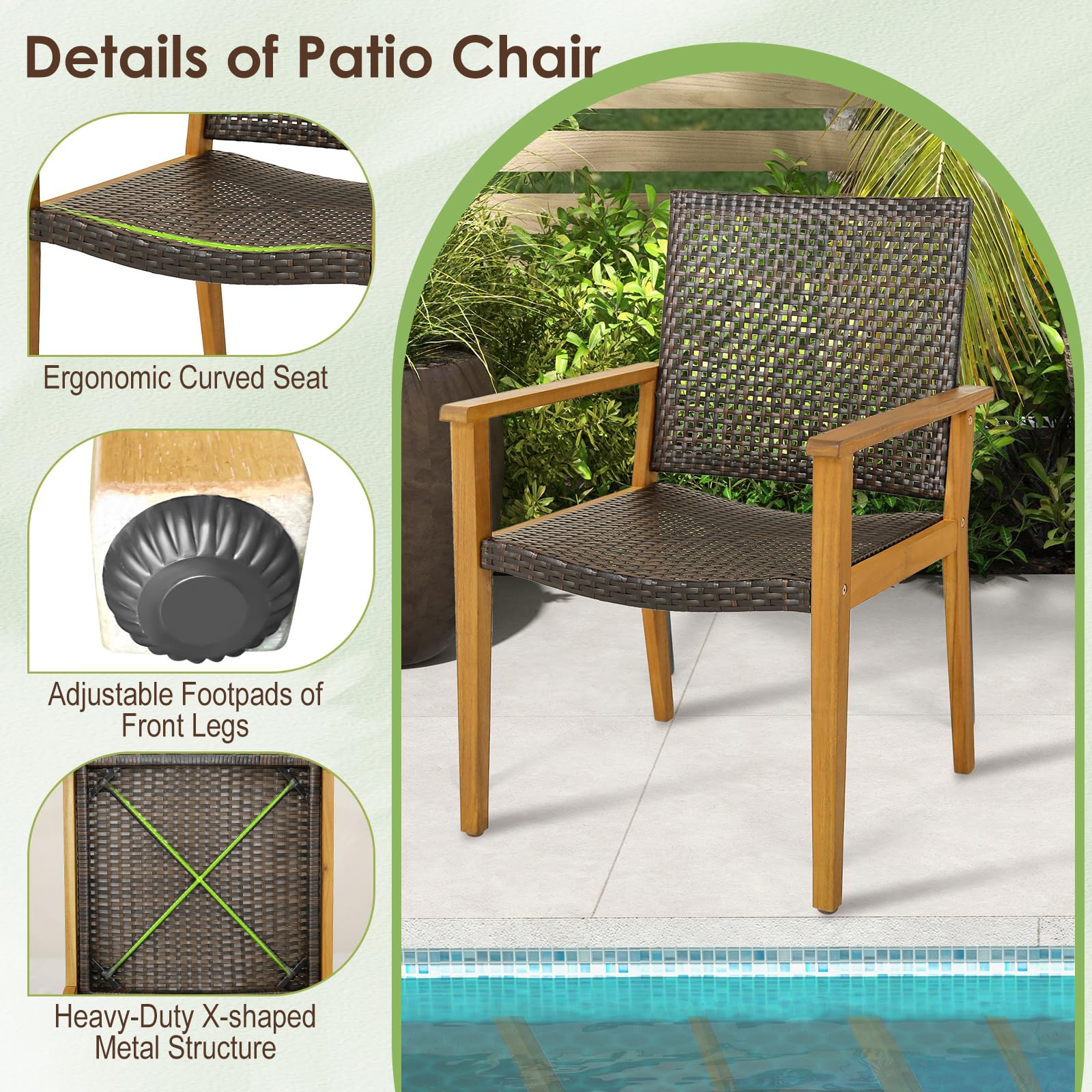 HAPPYGRILL Patio Dining Chair Set of 4, Outdoor Rattan PE Wicker Dining Chairs with Sturdy Acacia Wood Frame, Ergonomic Curved Seat, Outside Rattan Armchairs for Balcony Porch Poolside