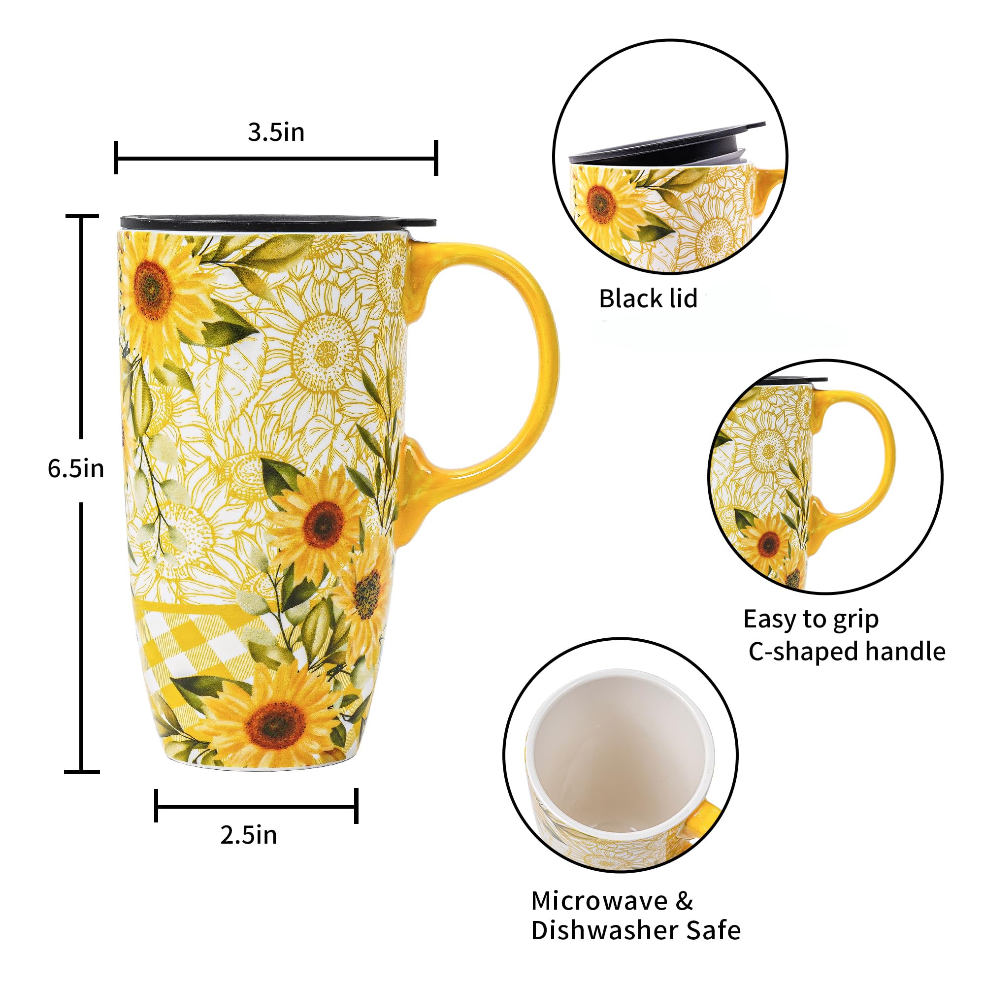 Topadorn Coffee Ceramic Mug Porcelain Latte Tea Cup With Lid in Present Box 17oz Sunflowers