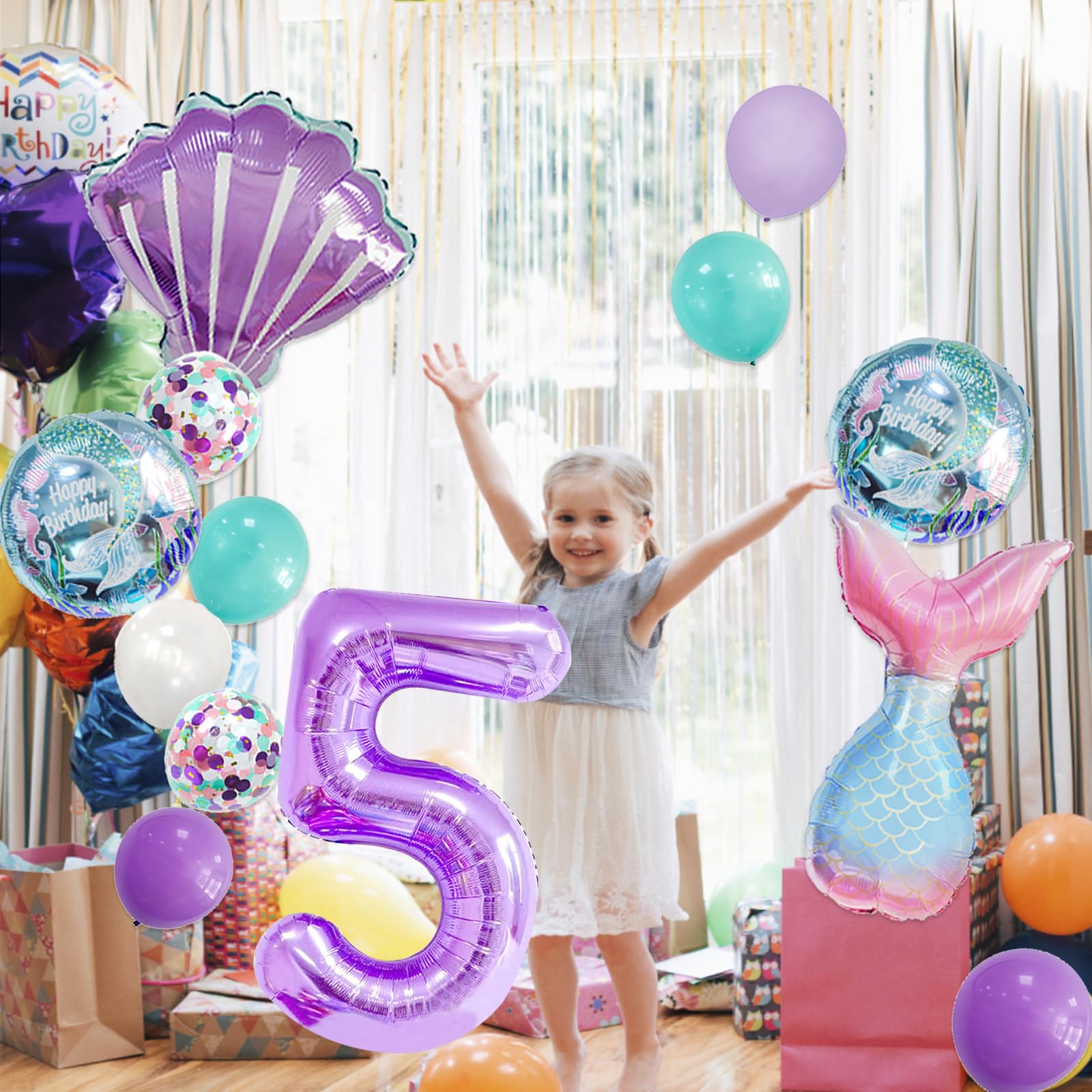 Mermaid Birthday Decorations, 13 Pcs Mermaid Balloons Decorations, Mermaid Foil Balloon Mermaid Tail Balloon Mermaid Decorations for Birthday Party, Baby Shower (Number 5)