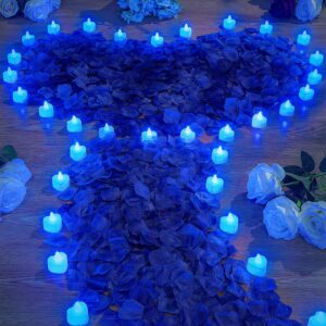 vihose 4000 pcs artificial rose petals with 24 pcs led tea lights candles flameless led candles fake rose petals for proposal wedding birthday party(blue light, blue petals)