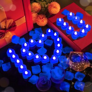 VIHOSE 4000 Pcs Artificial Rose Petals with 24 Pcs LED Tea Lights Candles Flameless LED Candles Fake Rose Petals for Proposal Wedding Birthday Party(Blue Light, Blue Petals)