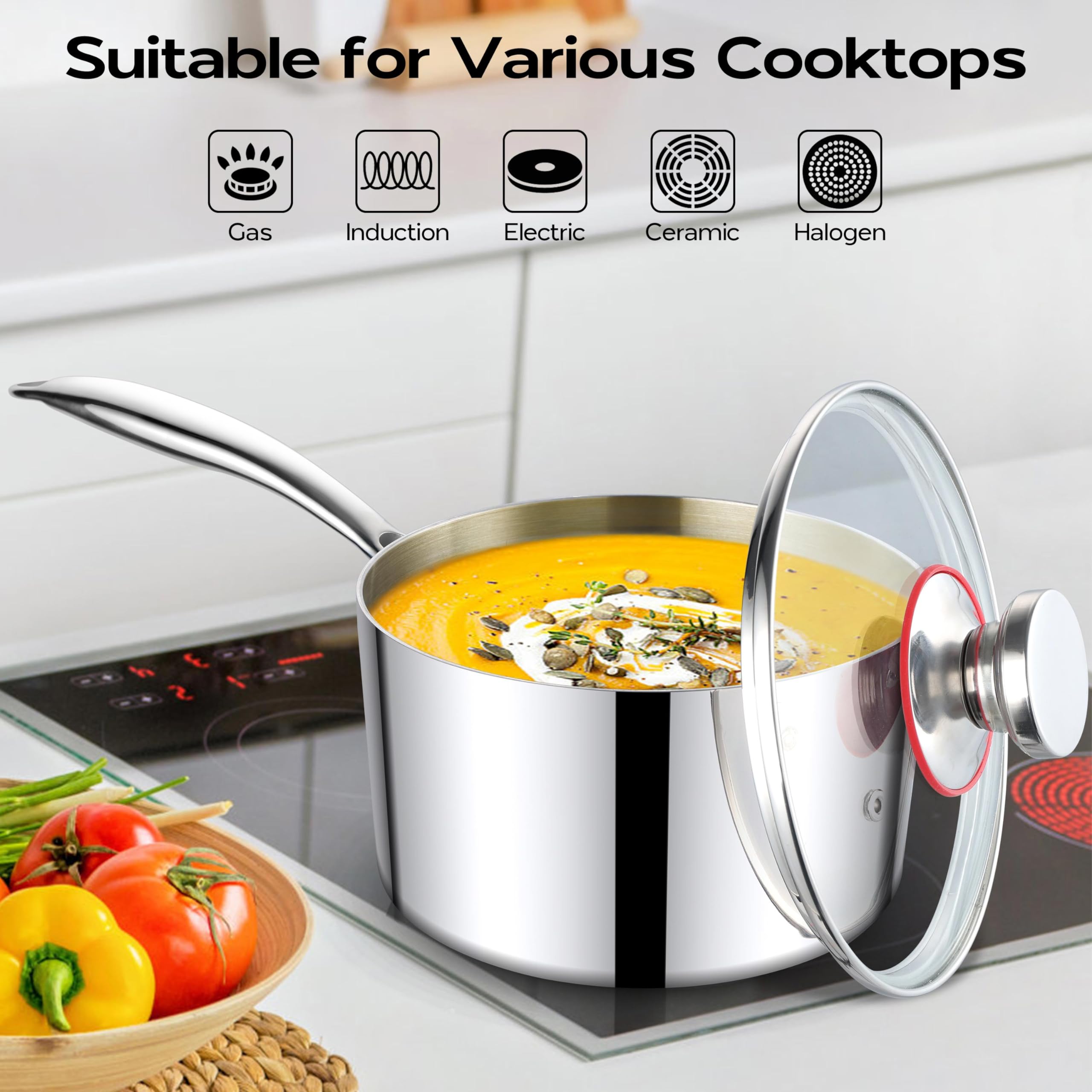 Onader 3QT Sauce Pan with Lid Triply Stainless Steel Saucepan Cooking Pot