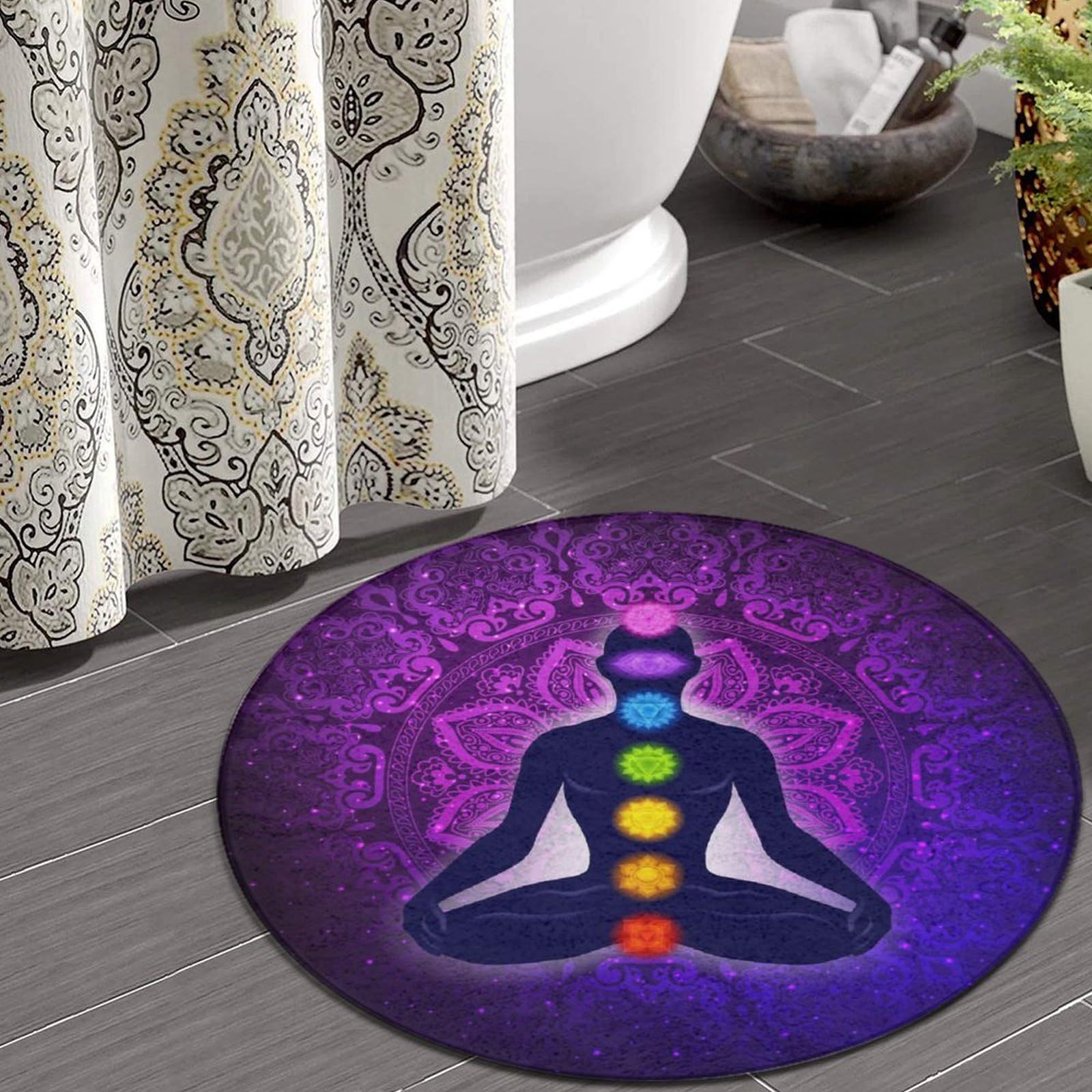 Modern Round Area Rug, Non-Slip Machine Washable Kitchen Office Circle Rug, Room Sofa Yoga Soft Round Carpet Compatible with Seven Chakra Yoga Meditation Lotus Purple Mandala 24inch(60cm)