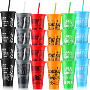 mifoci gaming party favor video game plastic reusable cute cups with lids and straws gamer tumbler iced coffee travel mug water bottle for adult kid game birthday party supplies(24 pcs)