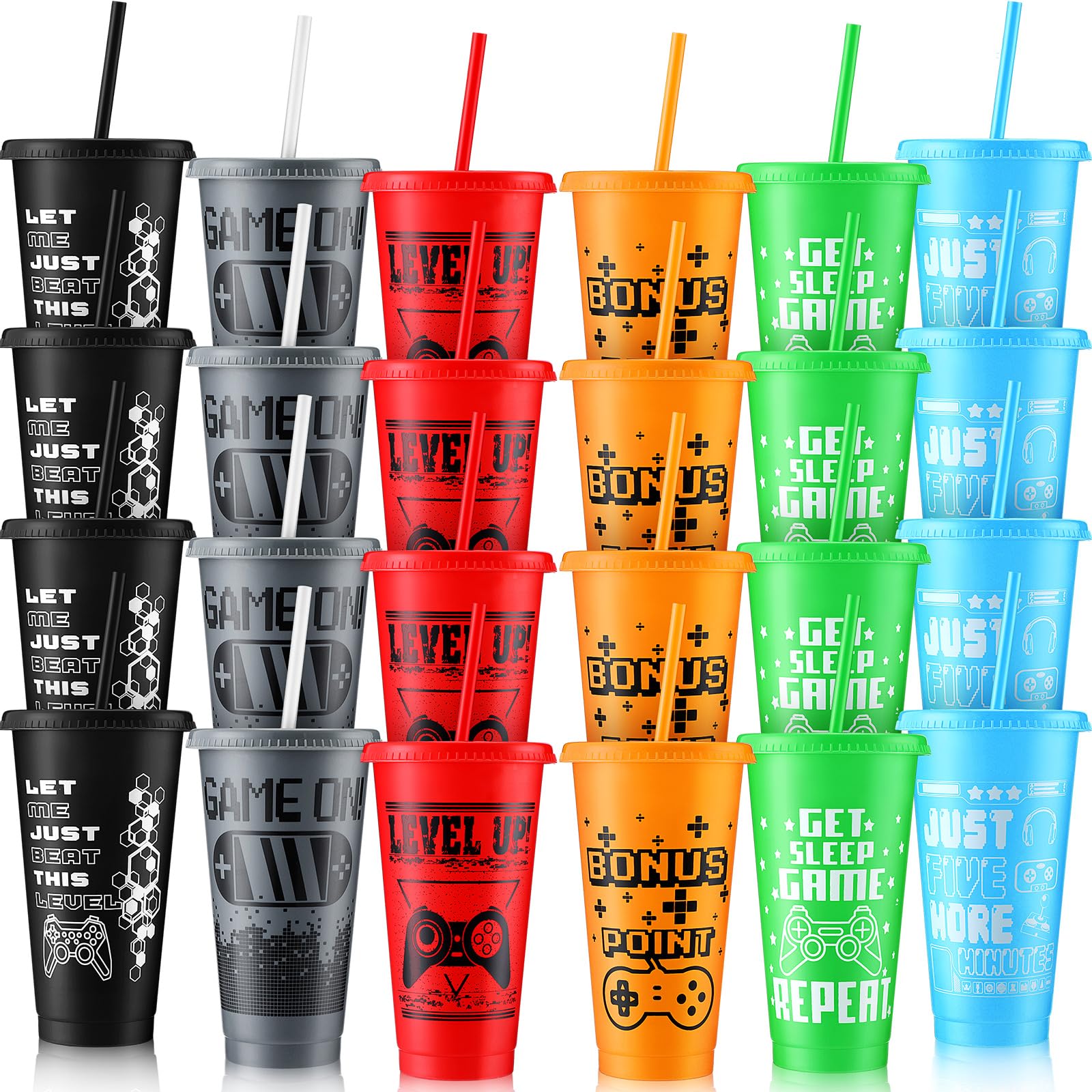 Mifoci Gaming Party Favor Video Game Plastic Reusable Cute Cups with Lids and Straws Gamer Tumbler Iced Coffee Travel Mug Water Bottle for Adult Kid Game Birthday Party Supplies(24 Pcs)