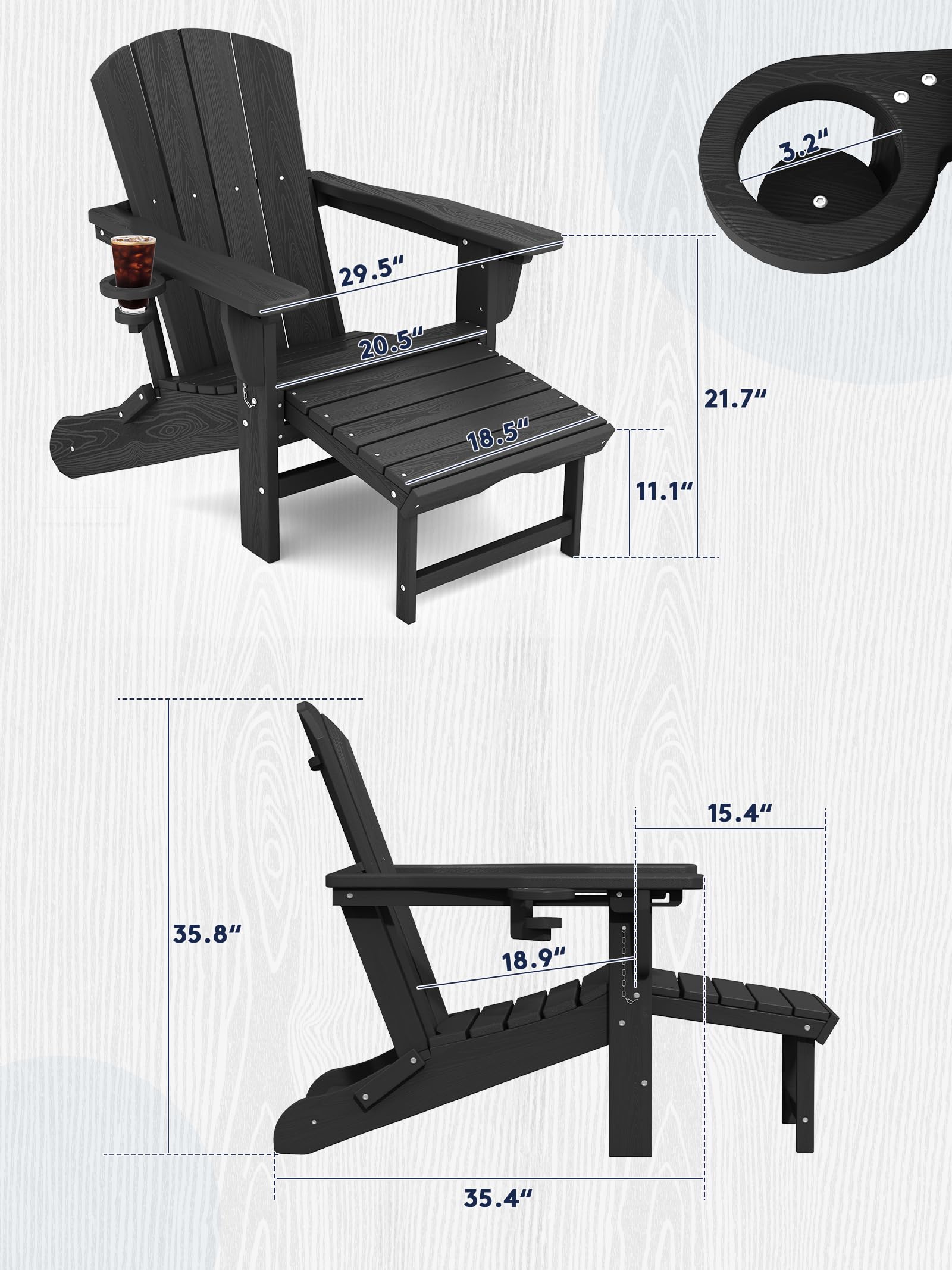 KINGYES Chair with Cup Holder, Wood-Like Reclining Versatile Adirondack Chair, Black