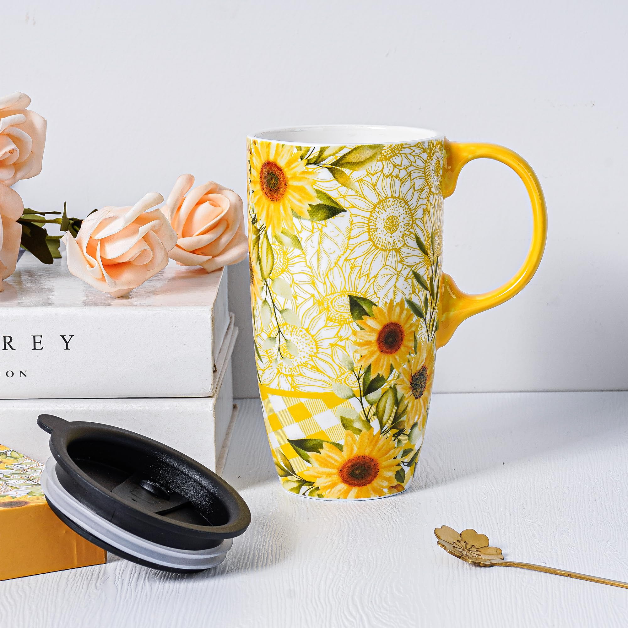 Topadorn Coffee Ceramic Mug Porcelain Latte Tea Cup With Lid in Present Box 17oz Sunflowers