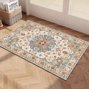 yancorp 2'x3' boho area rug for bedroom non slip washable rug vintage carpet living room non-shedding indoor floor mats bedroom kitchen entryway rugs-rectangular blue red