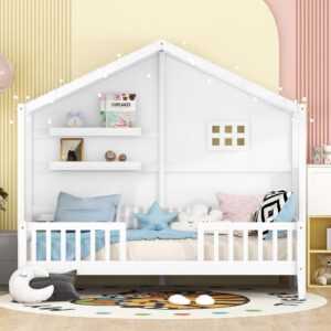 SOFTSEA Twin Size House Bed for Kids, Low Loft Bed with Storage Shelves, Wood Bed Frame with Window and Sparkling Light Stripe on The Roof, Kids Twin Bed Frame, No Box Spring Needed, White