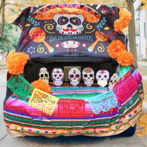 buryeah 23 pcs halloween day of the dead trunk or treat car decorations kit dia de los muertos themed car decor mexican serape marigold flower heads cutouts background for car trunk