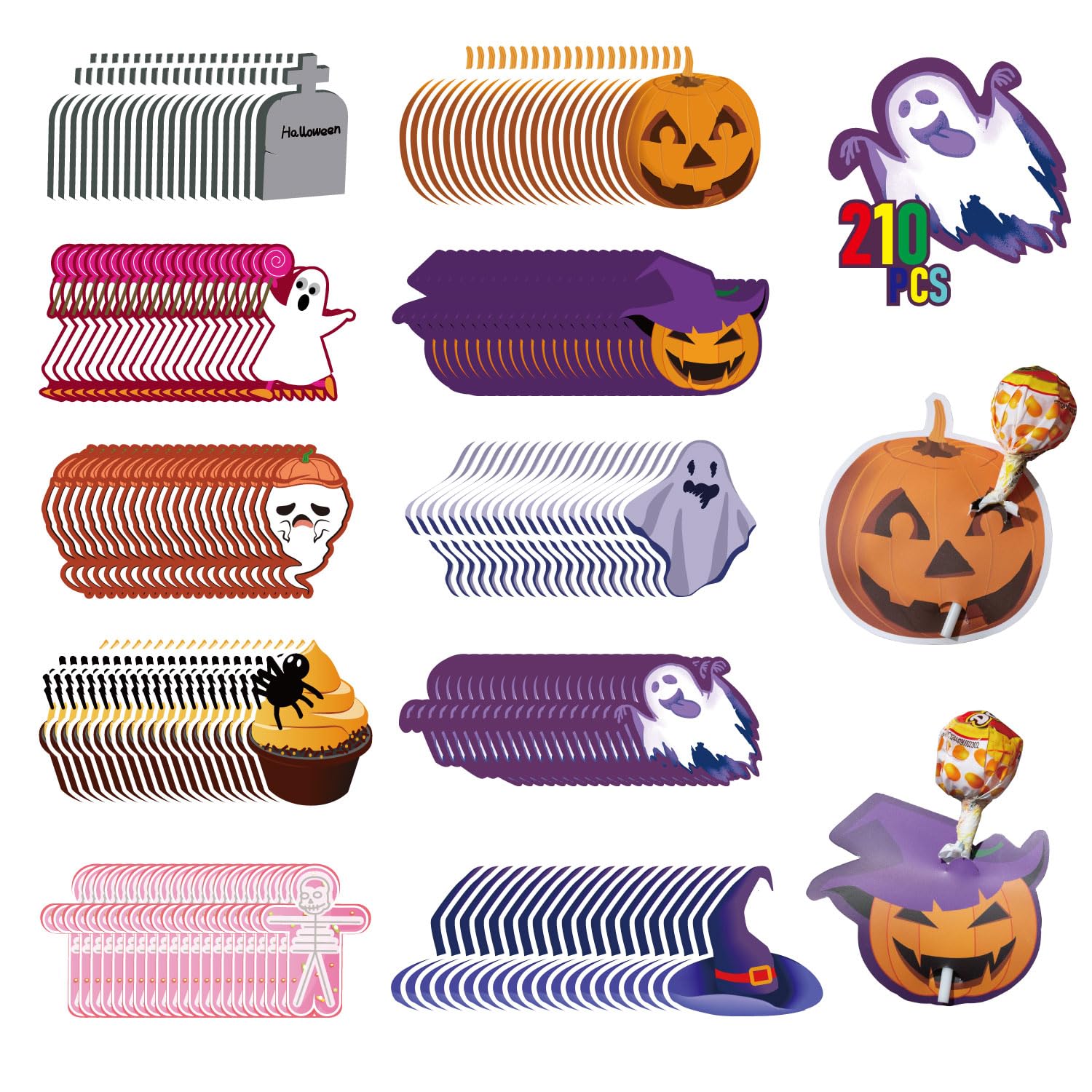 Riseyue Christmas Halloween Lollipop Decoration Card Paper Variety of Design Candy Holder Gift Cards School Games Prizes (210pcs Halloween candy card)