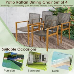 HAPPYGRILL Patio Dining Chair Set of 4, Outdoor Rattan PE Wicker Dining Chairs with Sturdy Acacia Wood Frame, Ergonomic Curved Seat, Outside Rattan Armchairs for Balcony Porch Poolside