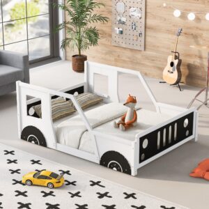 meritline kids floor bed full car-shaped platform bed with wheels, wooden full bed frames with doors and windows, full car bed with slat support for kids boys girls, white