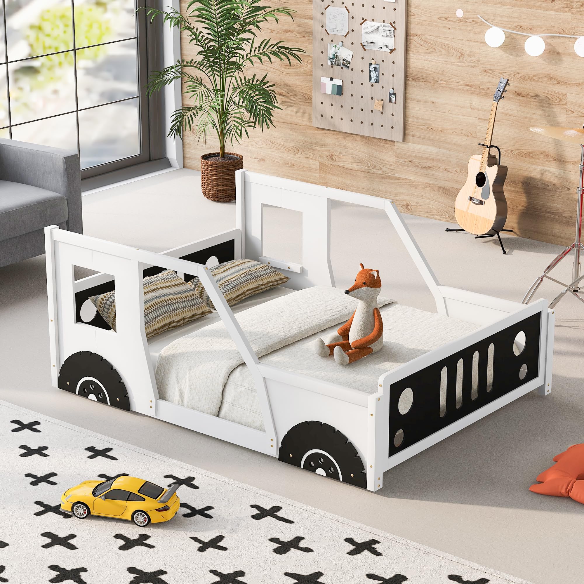 MERITLINE Kids Floor Bed Full Car-Shaped Platform Bed with Wheels, Wooden Full Bed Frames with Doors and Windows, Full Car Bed with Slat Support for Kids Boys Girls, White