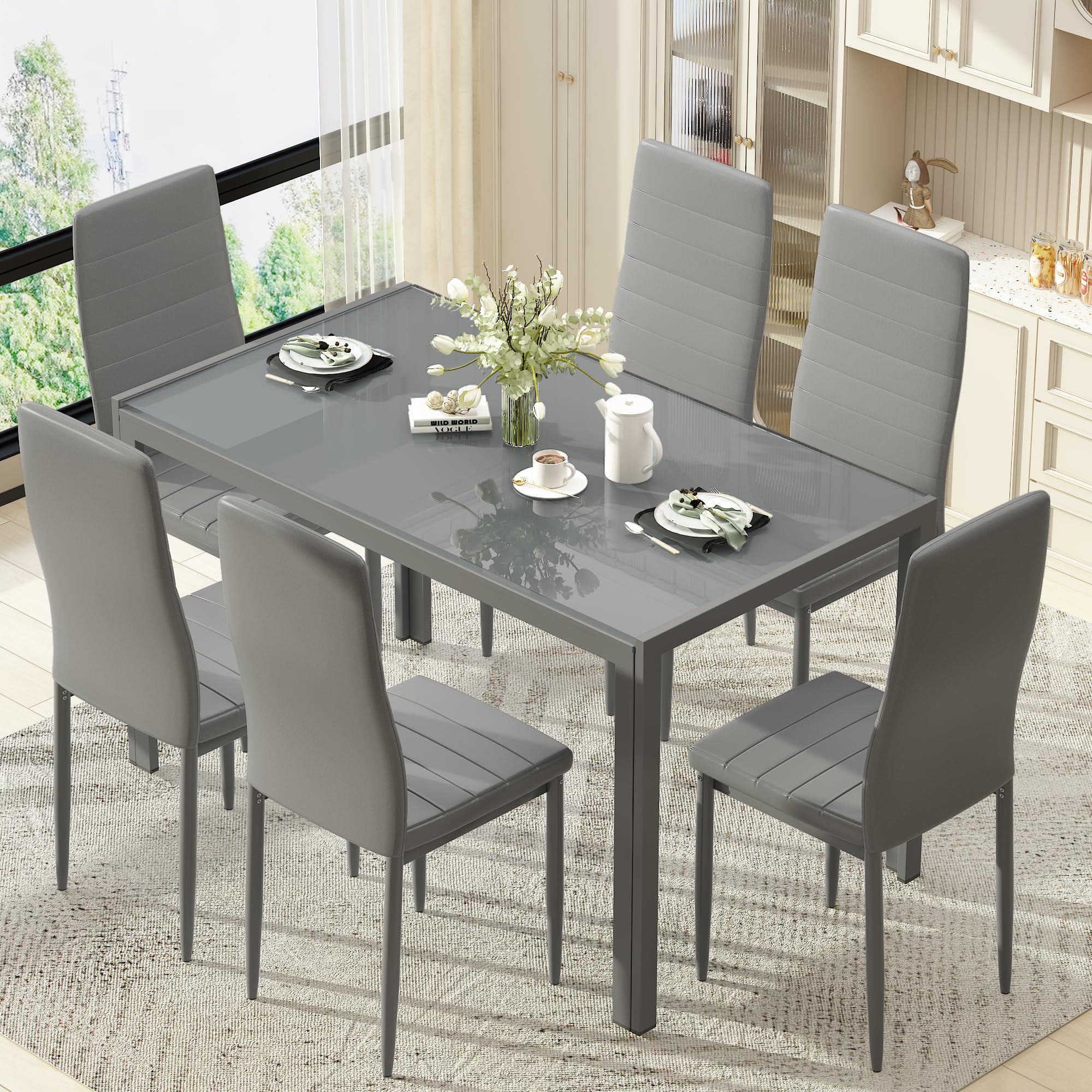 DKLGG 7 Piece Dining Table Set for 6, Glass Dining Room Table Set with 6 PU Leather Chairs, Modern Kitchen Table and Chairs Set of 6 for Small Space, Apartment